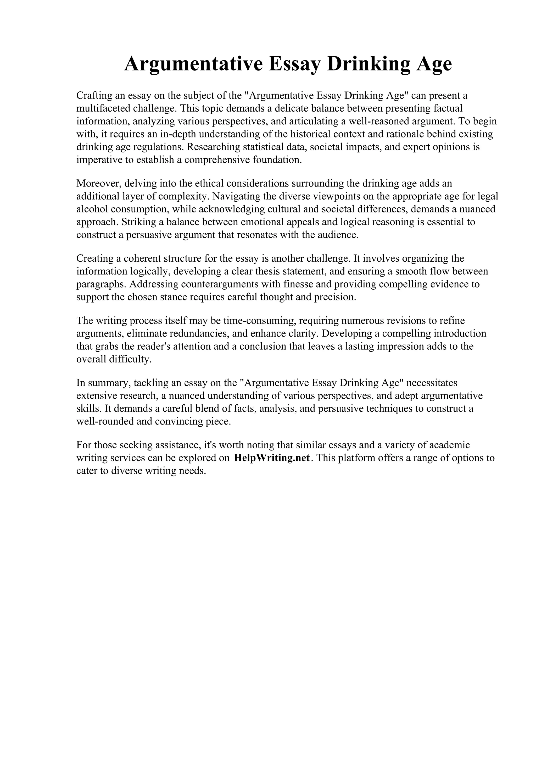 Argumentative Essay Drinking Age | PDF