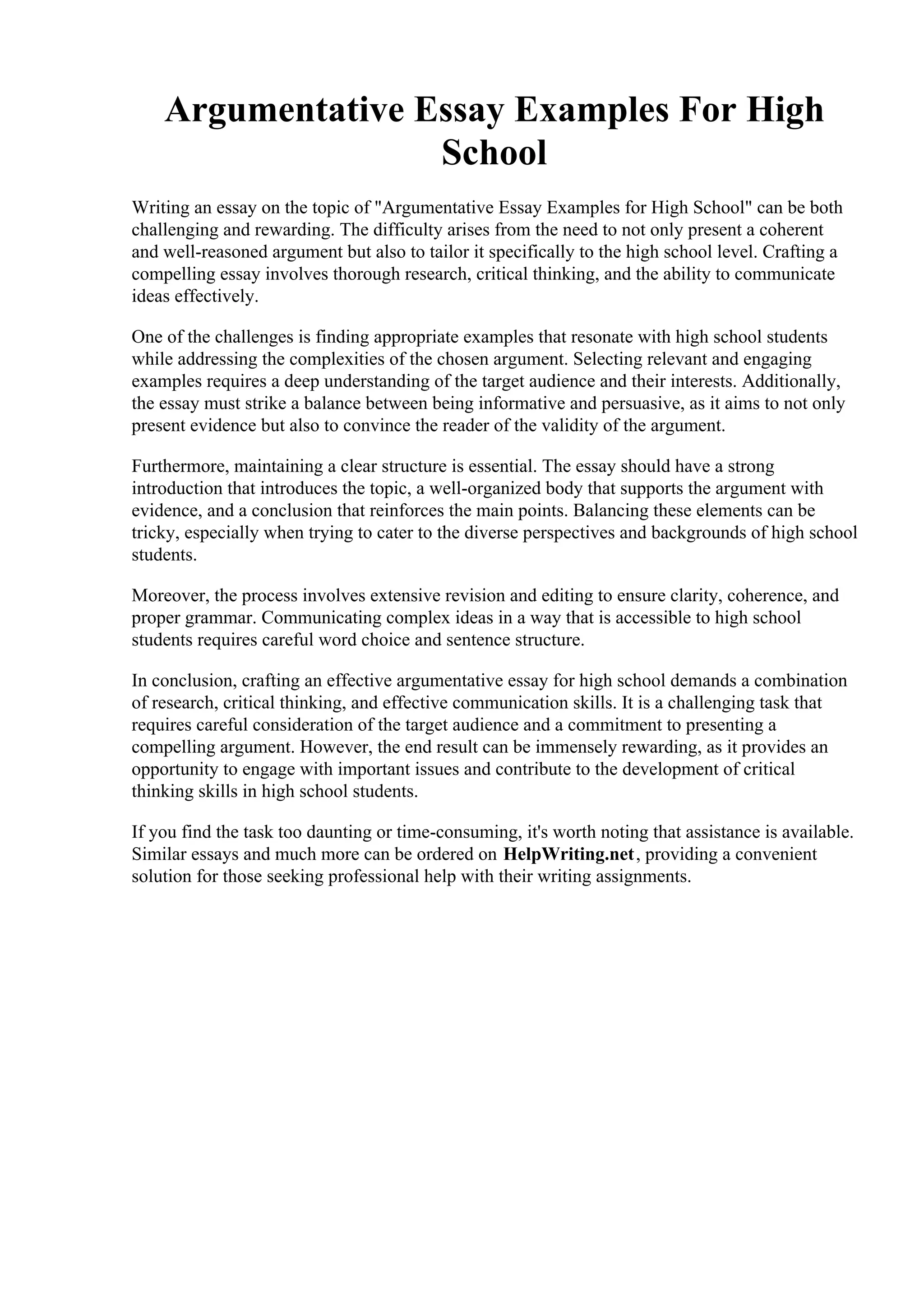 Argumentative Essay Examples For High School | PDF