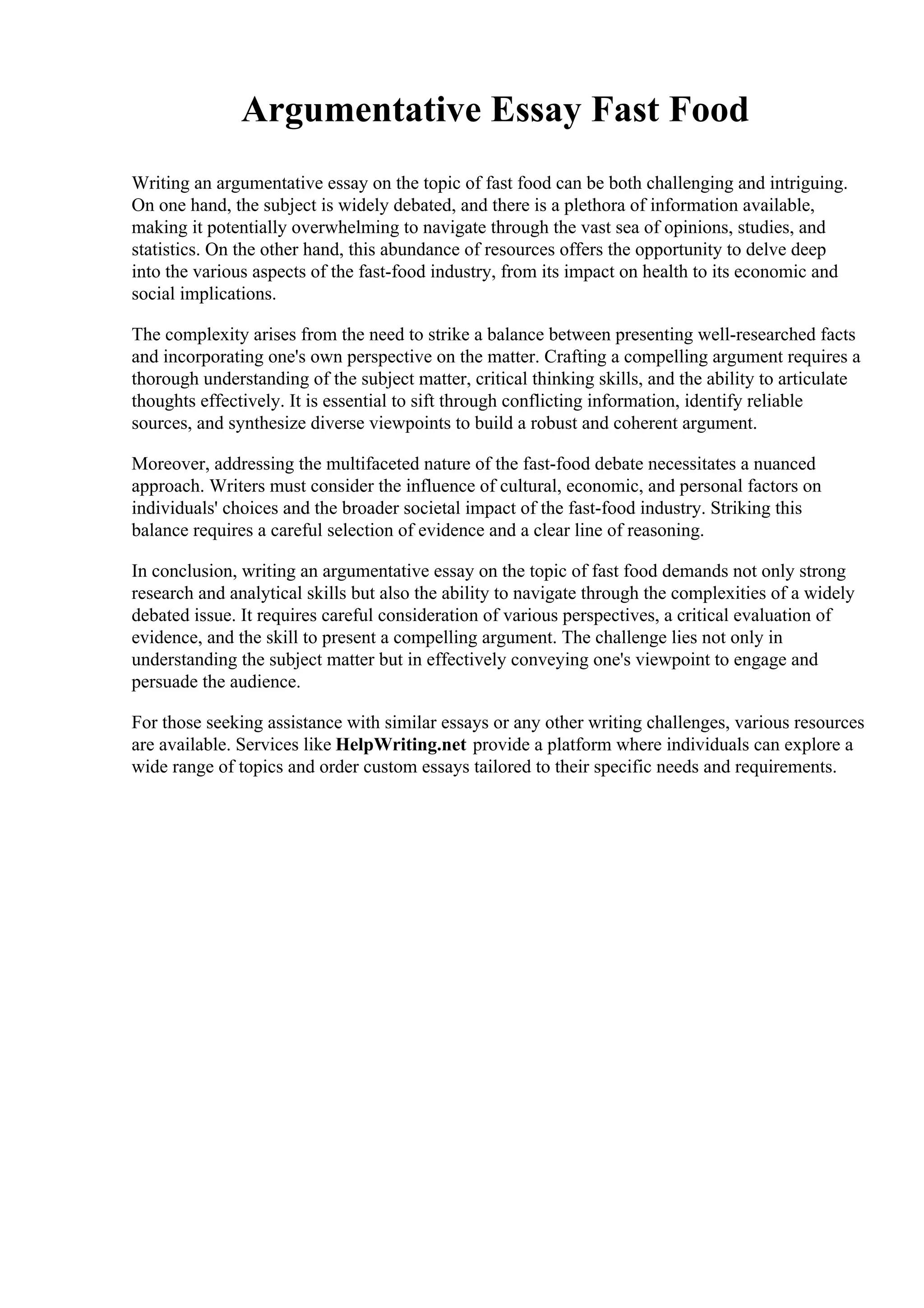 Argumentative Essay Fast Food. Southwestern Christian University | PDF