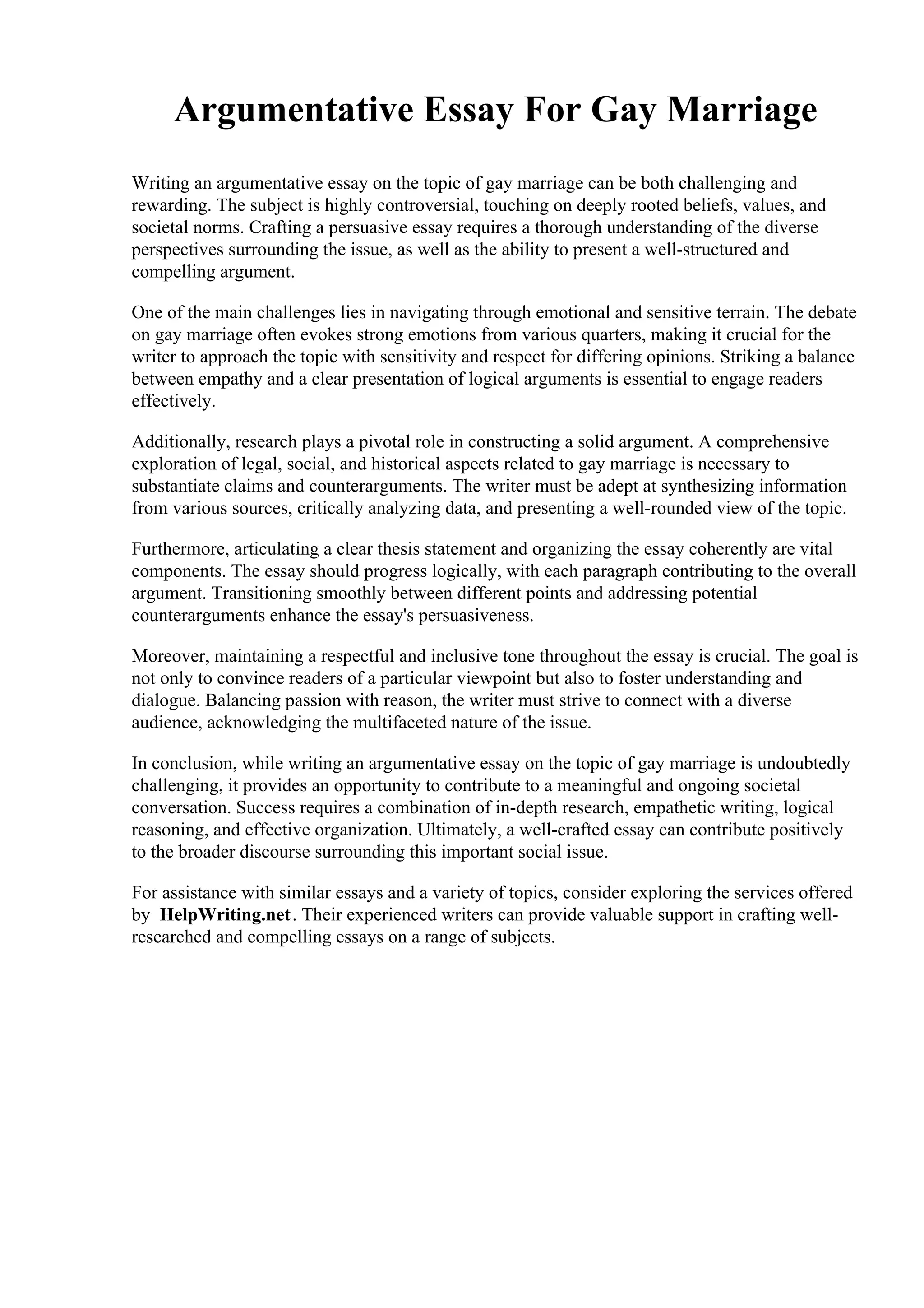 Argumentative Essay For Gay Marriage | PDF