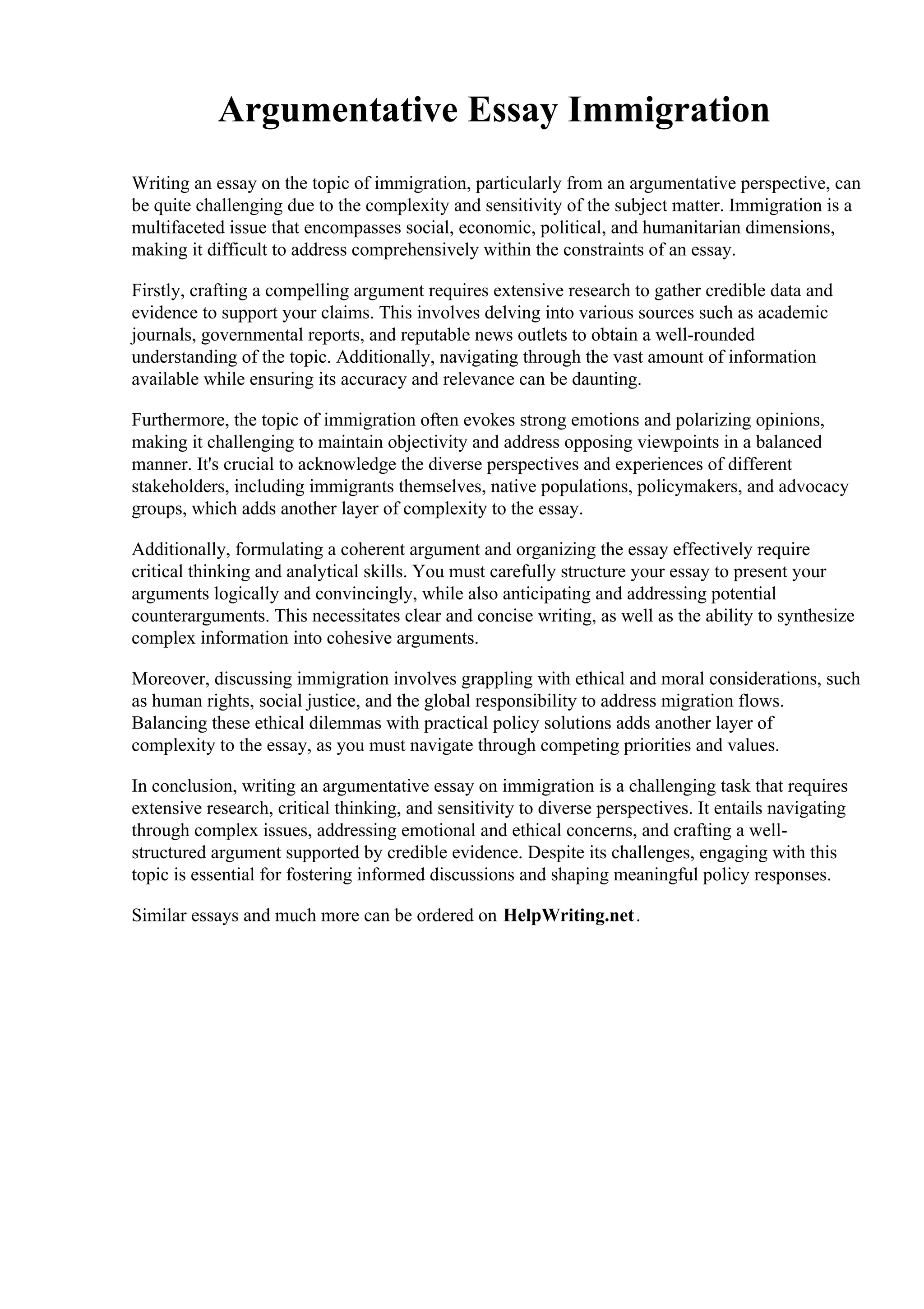 Argumentative Essay Immigration. Zaytuna College | PDF