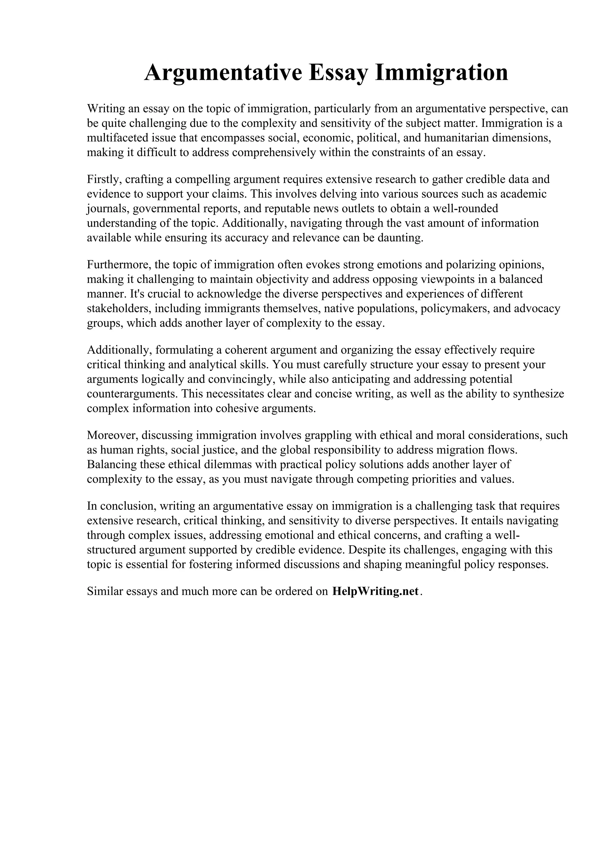 Argumentative Essay Immigration | PDF