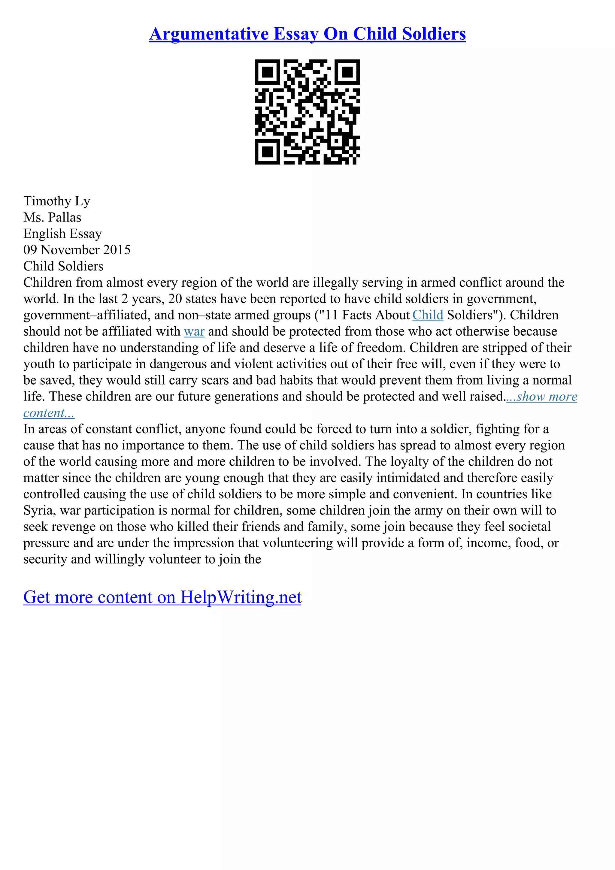 Argumentative Essay On Child Soldiers | PDF