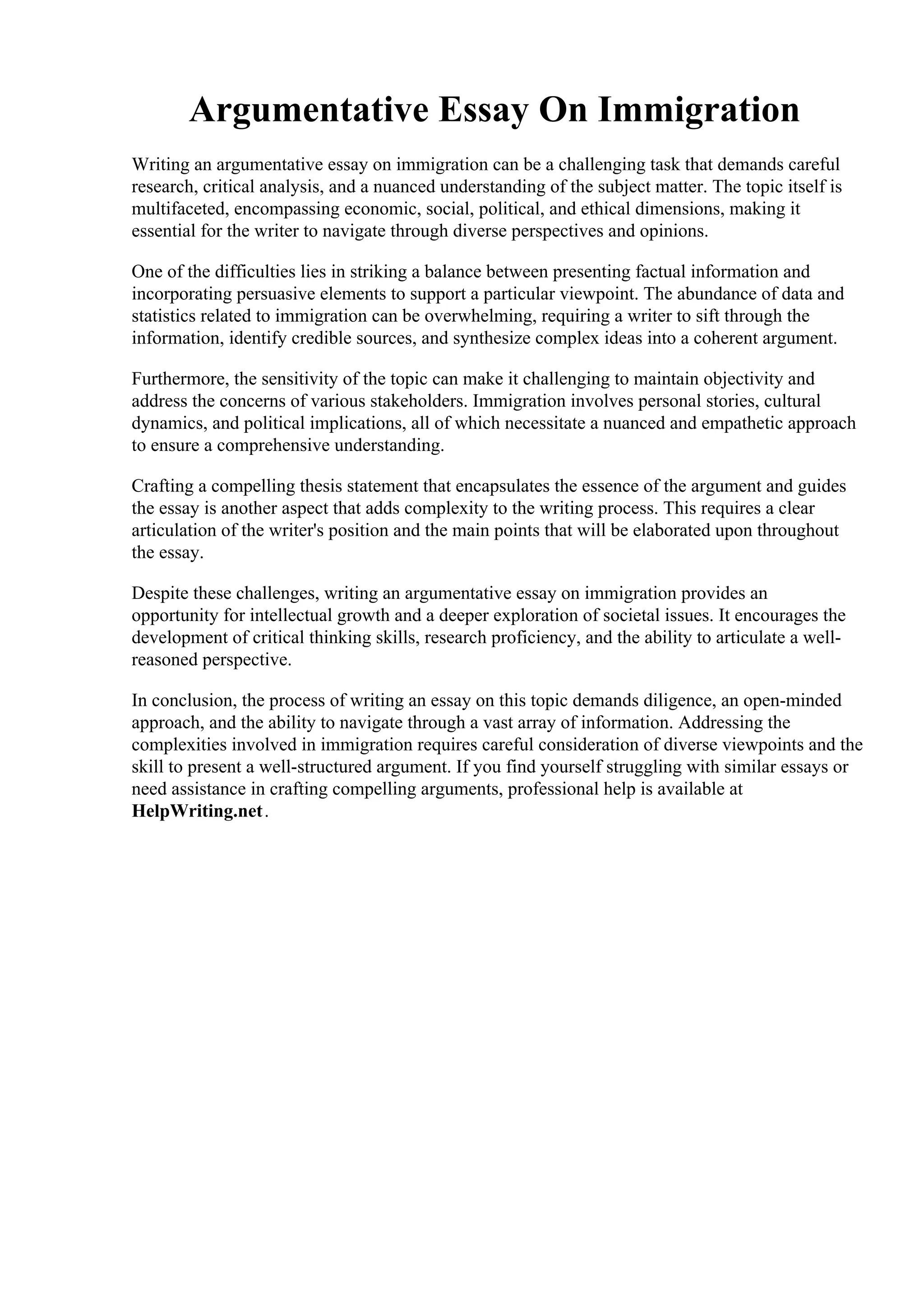 Argumentative Essay On Immigration | PDF