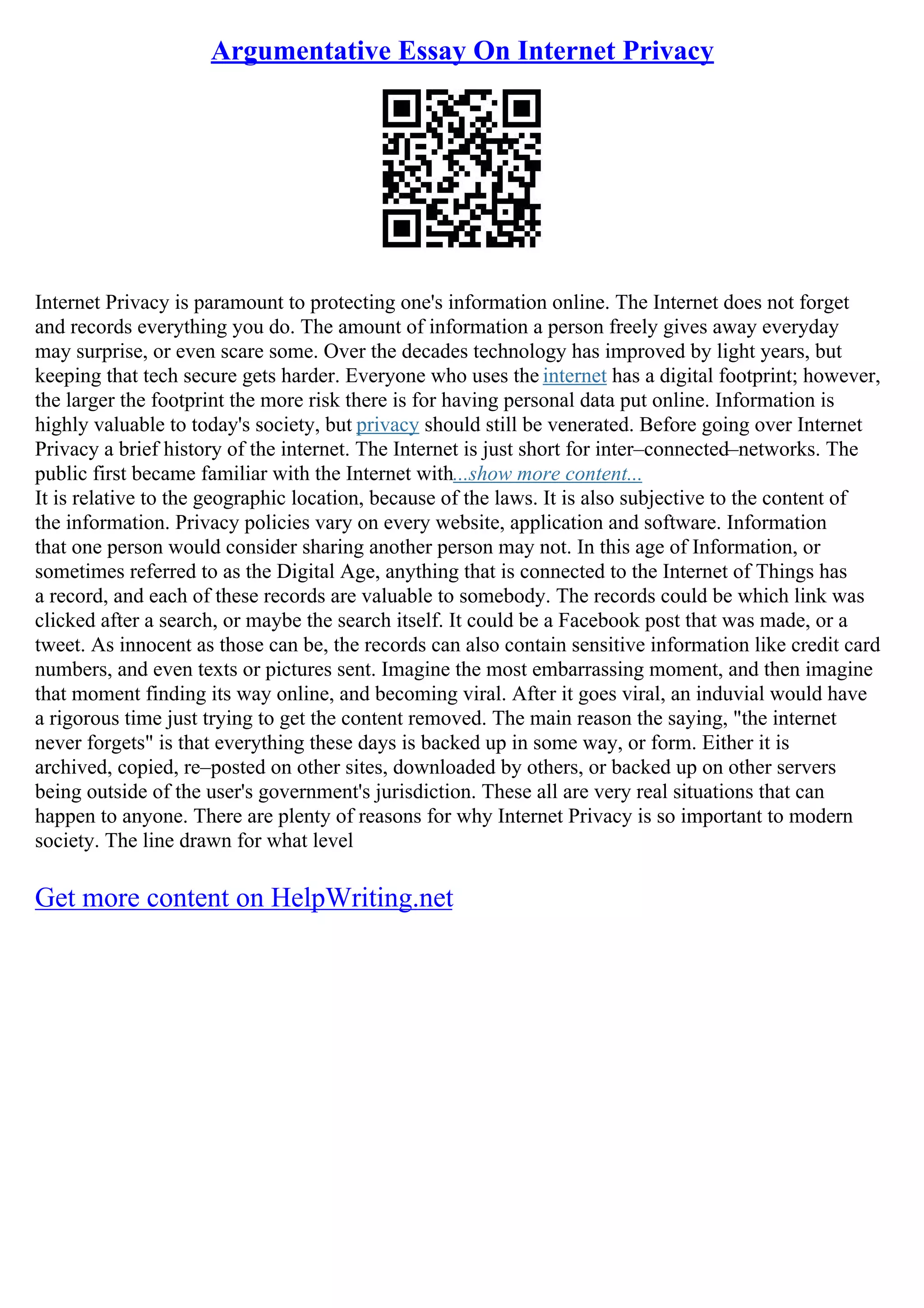Argumentative Essay On Internet Privacy | PDF