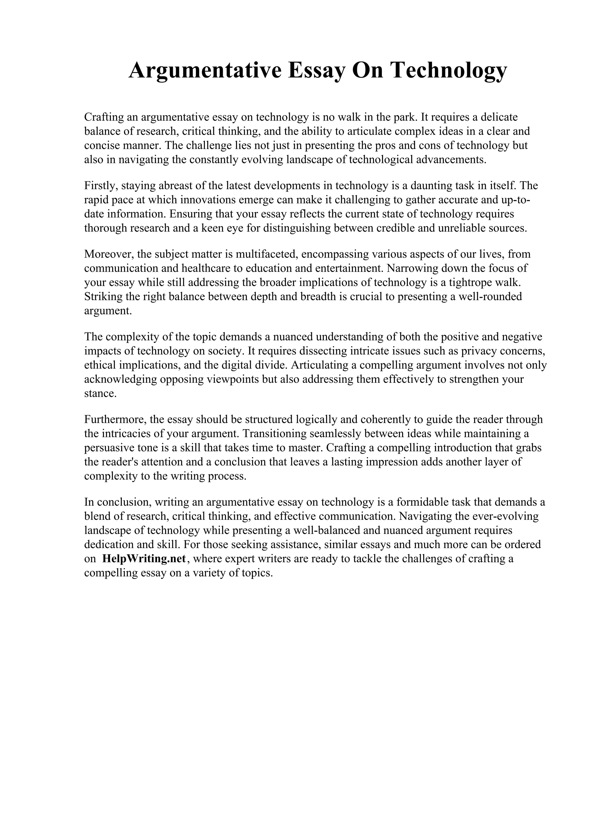 Argumentative Essay On Technology.pdfArgumentative Essay On Technology ...