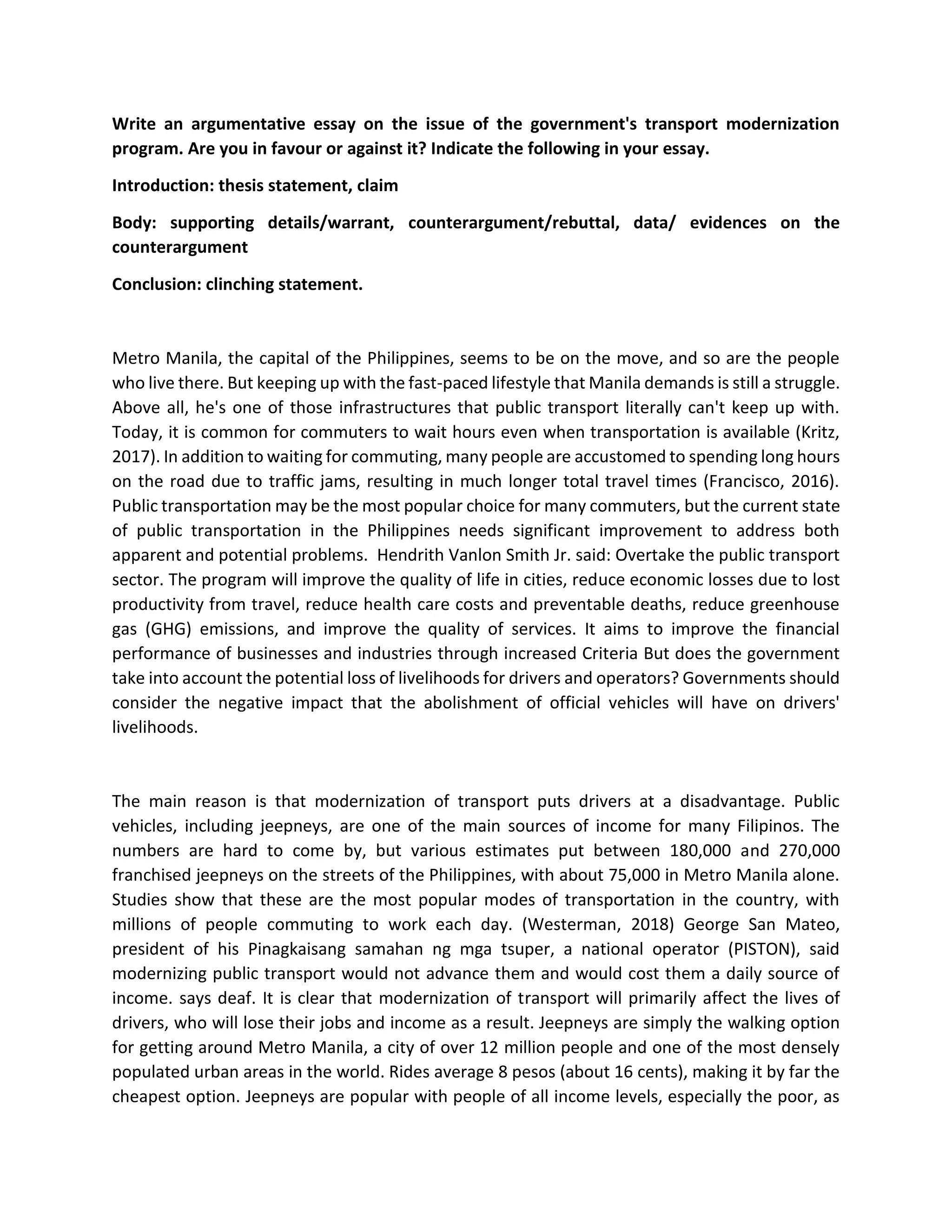 argumentative essay on the issue of the government's transport ...