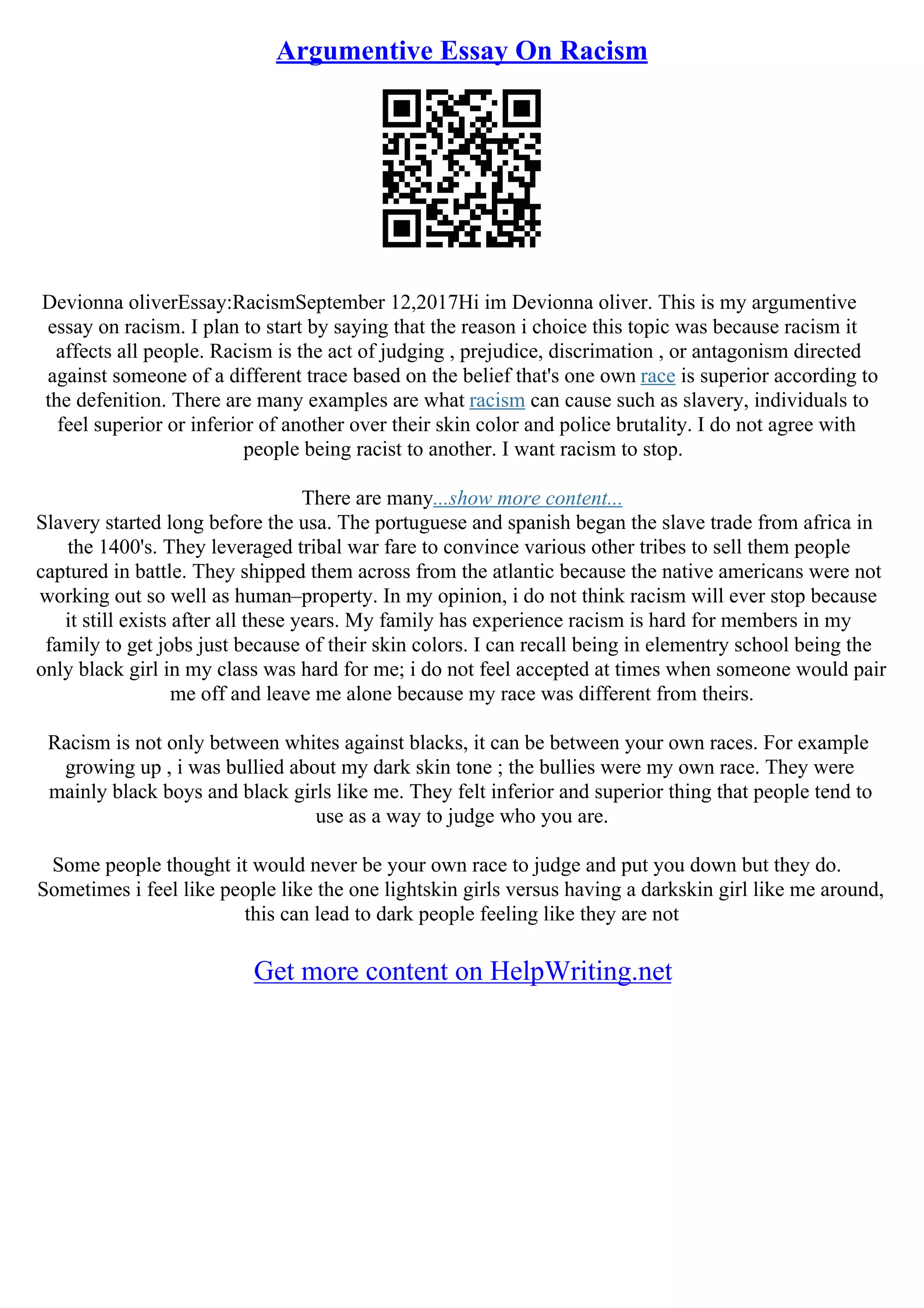 Argumentative Essay Racism | PDF