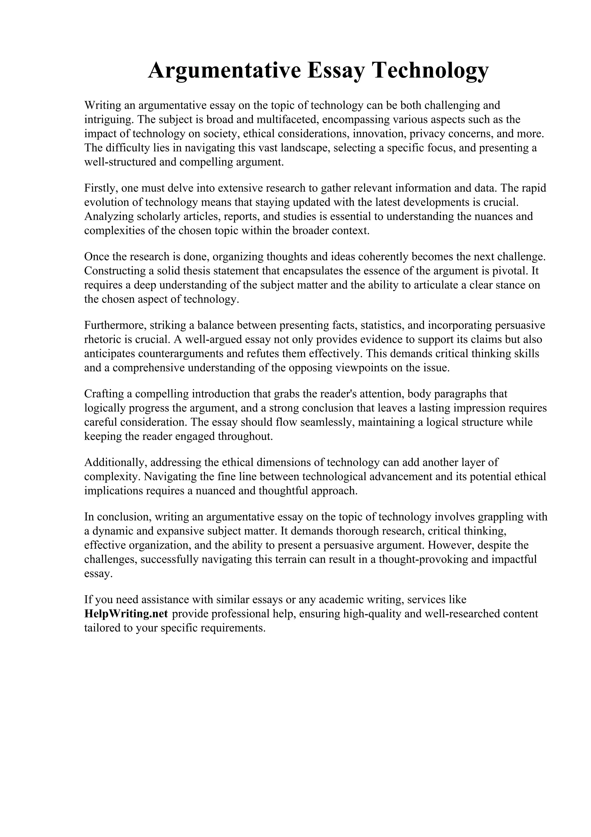 Argumentative Essay Technology | PDF