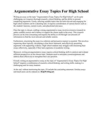 Argumentative Essay Topics For High School | PDF