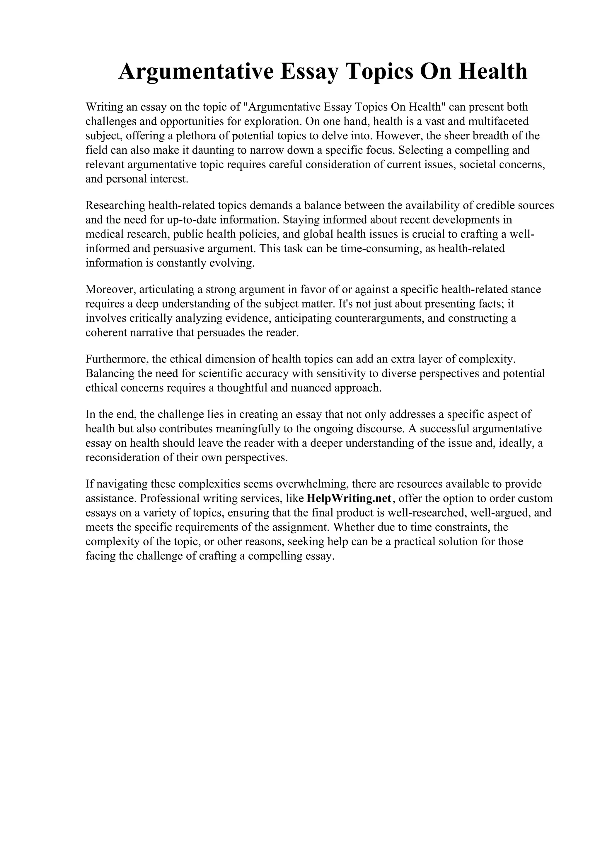 Argumentative Essay Topics On Health | PDF