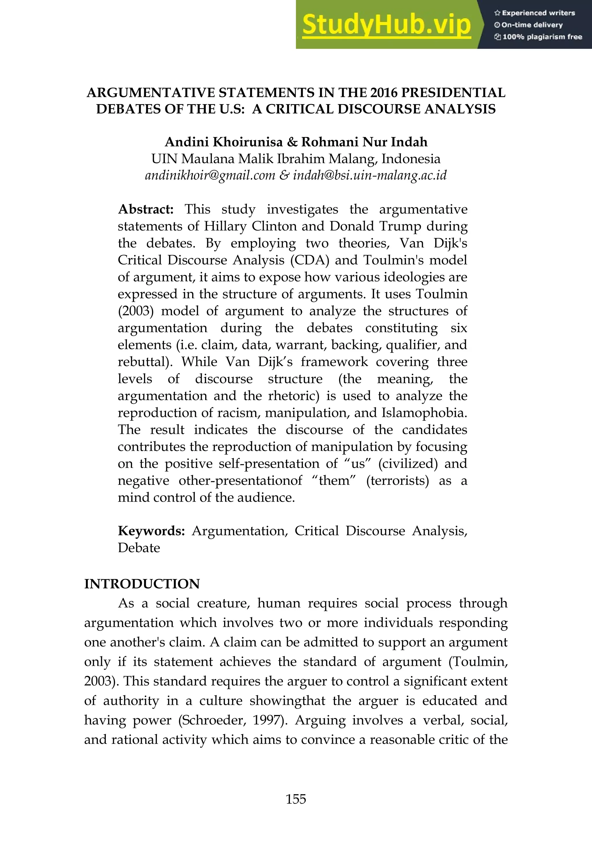 ARGUMENTATIVE STATEMENTS IN THE 2016 PRESIDENTIAL DEBATES OF THE U.S A ...
