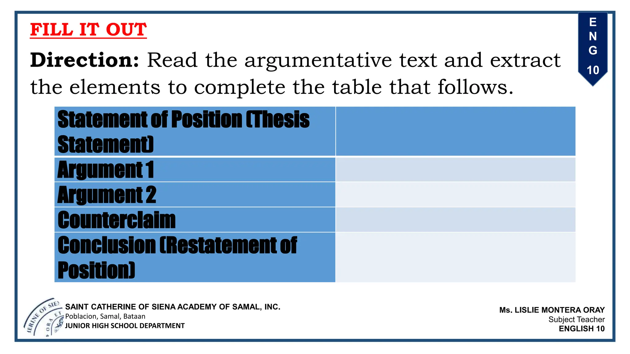 Key Structural Elements In Argumentative Text Pptx