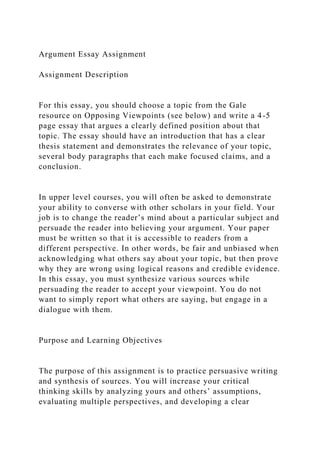 Argument Essay AssignmentAssignment DescriptionFor this es.docx