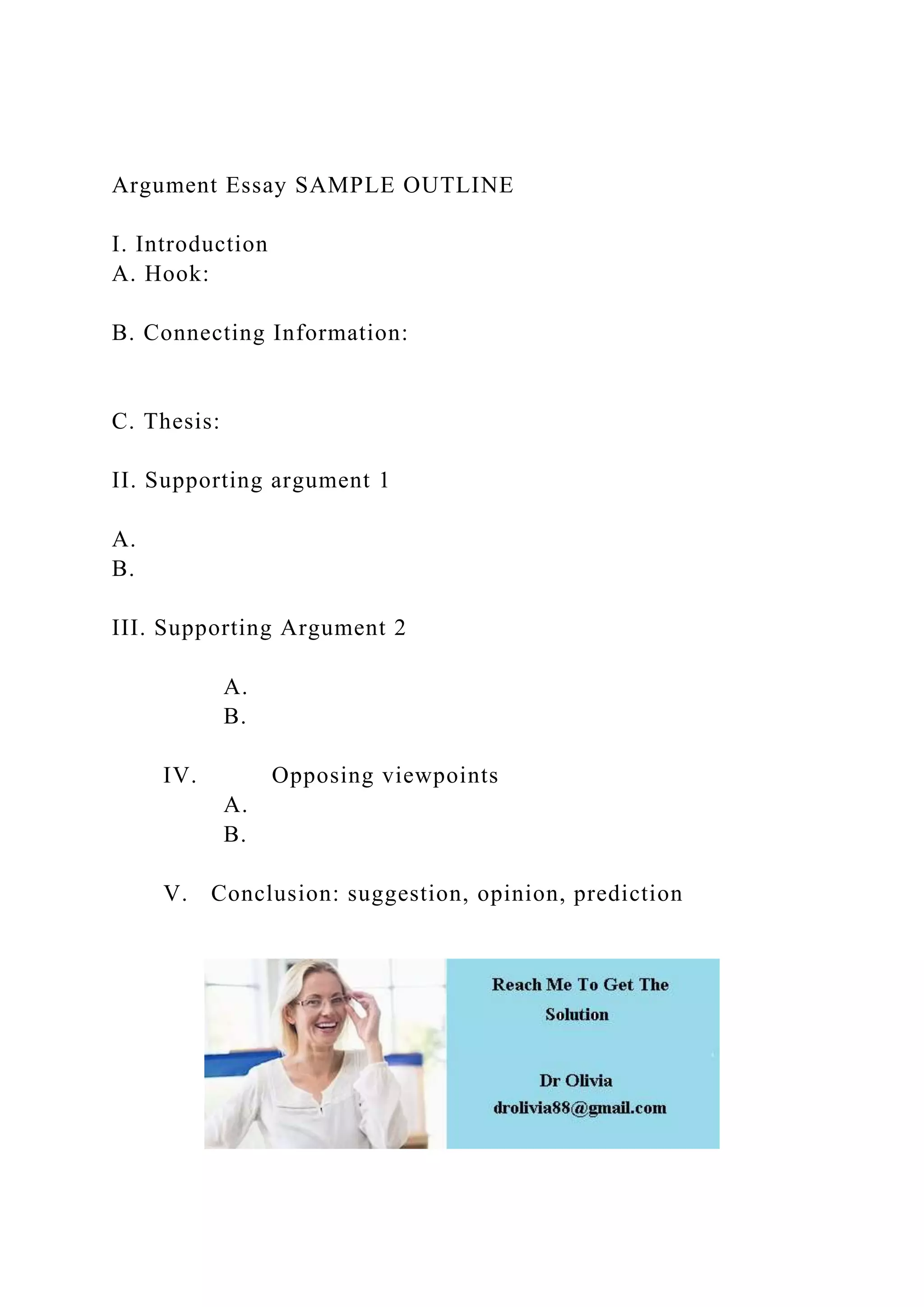 Argument Essay SAMPLE OUTLINEI. IntroductionA. HookB. C.docx
