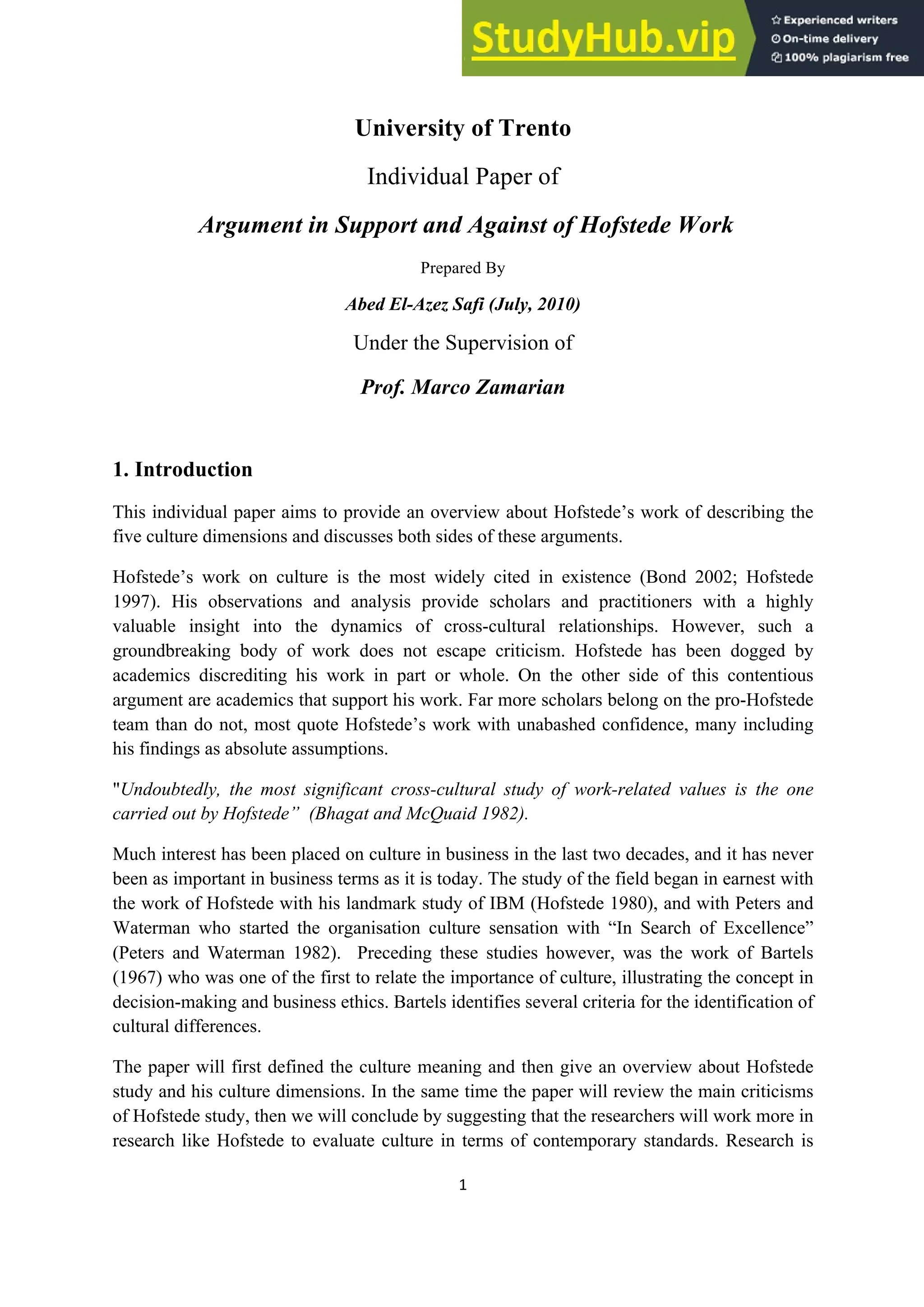 Argument In Support And Against Of Hofstede Work | PDF