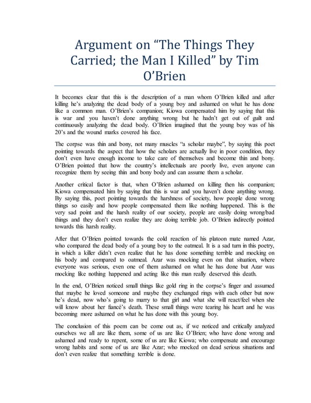 Argument on “The Things They Carried; the Man I Killed” by Tim O’Brien ...