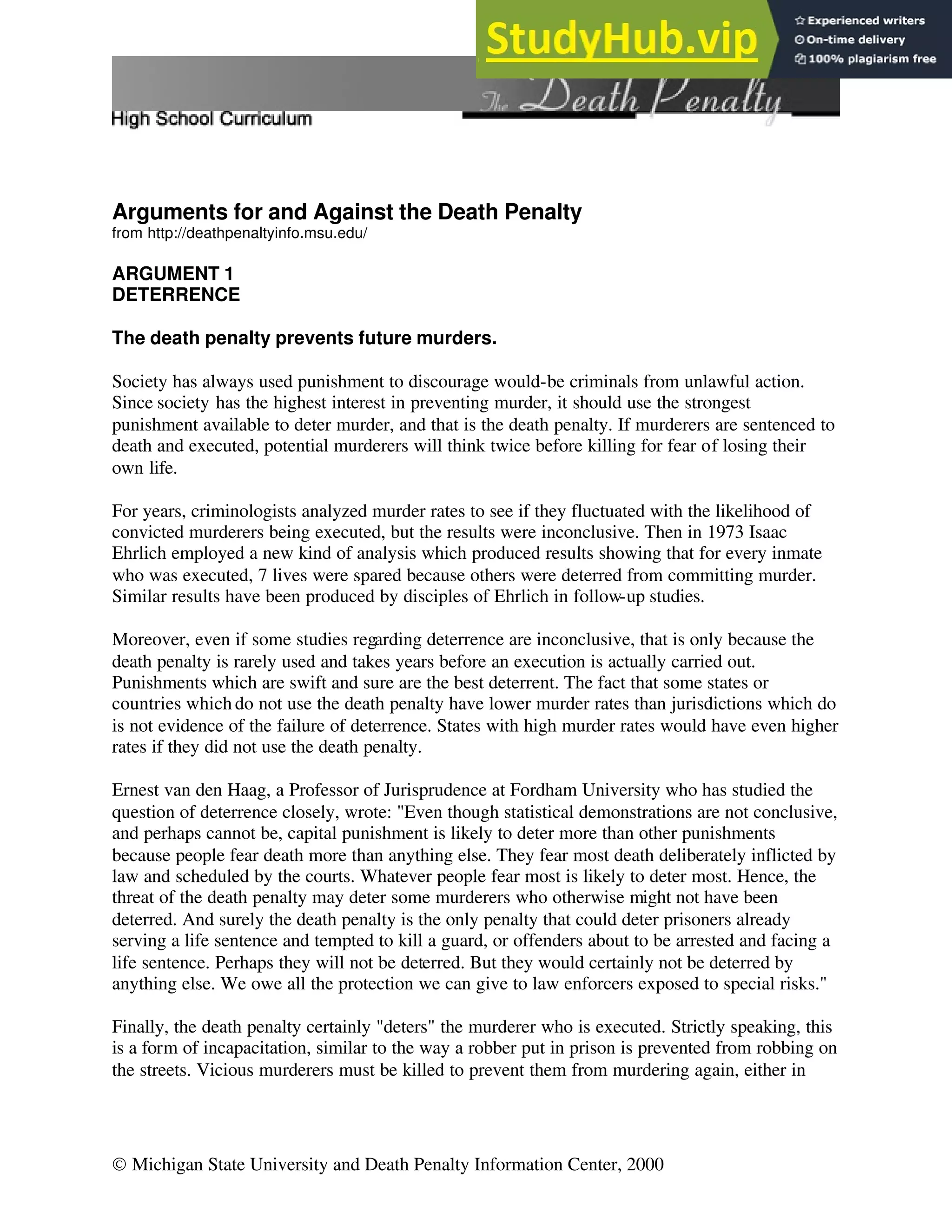 Arguments For And Against The Death Penalty ARGUMENT 1 DETERRENCE The ...