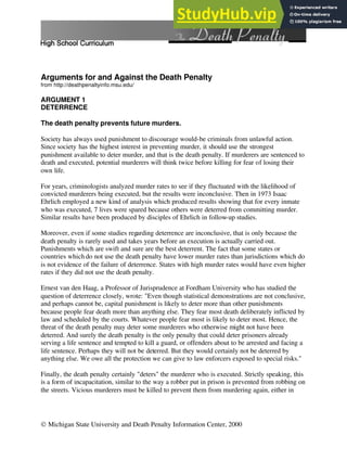 Arguments For And Against The Death Penalty ARGUMENT 1 DETERRENCE The ...