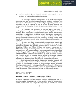 ARGUMENT STRUCTURE IN LEARNER WRITING A CORPUS-BASED ANALYSIS USING ARGUMENT MAPPING | PDF