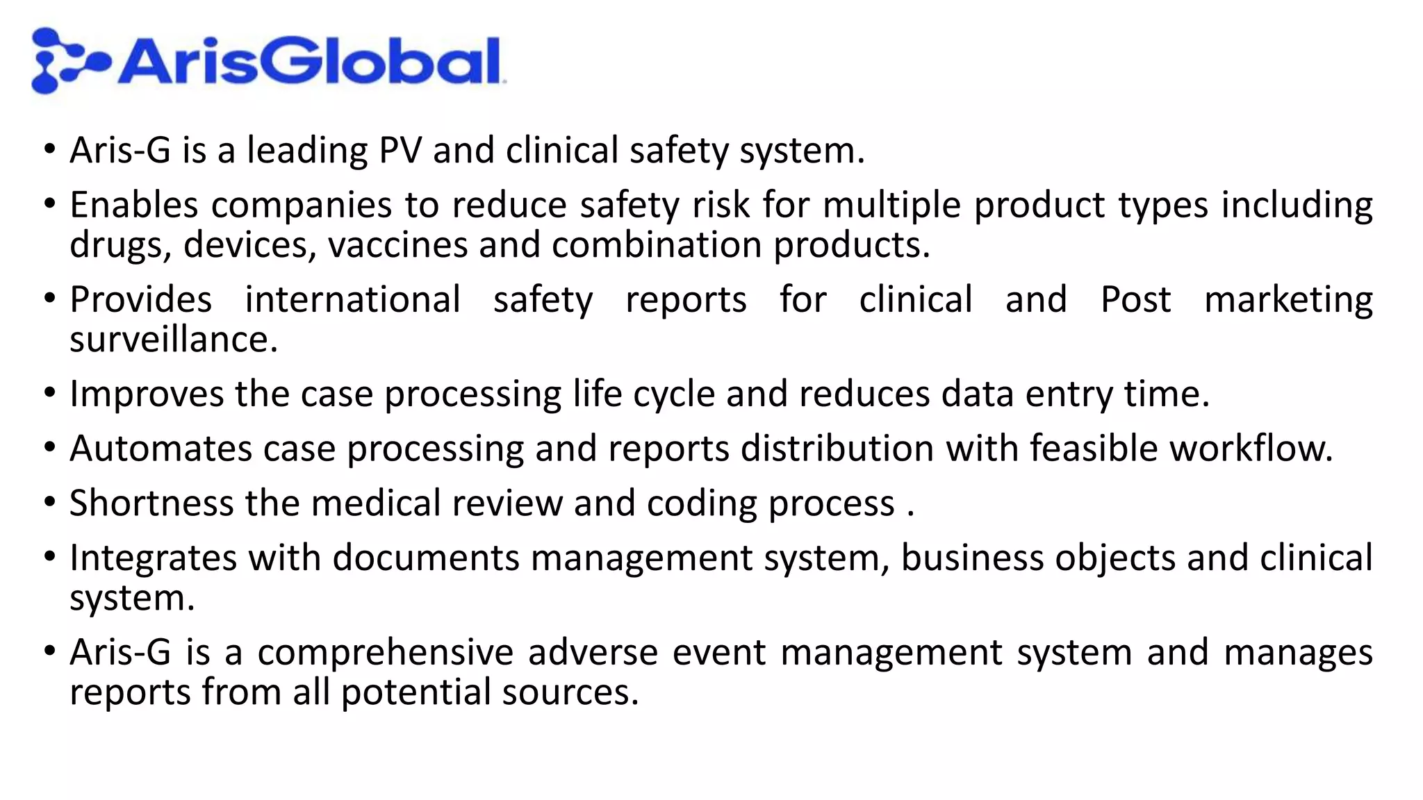 PPT on Vigiflow, Argus-G and Aris For ADR Reporting | PPTX