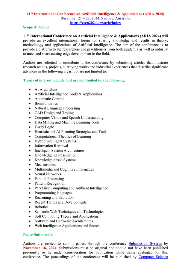 11th International Conference on Artificial Intelligence & Applications (ARIA 2024)CFP.pdf