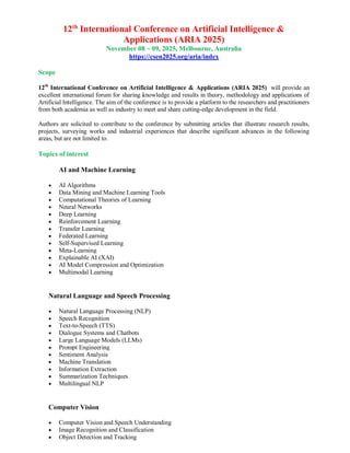 12th International Conference on Artificial Intelligence & Applications (ARIA 2025) | PDF