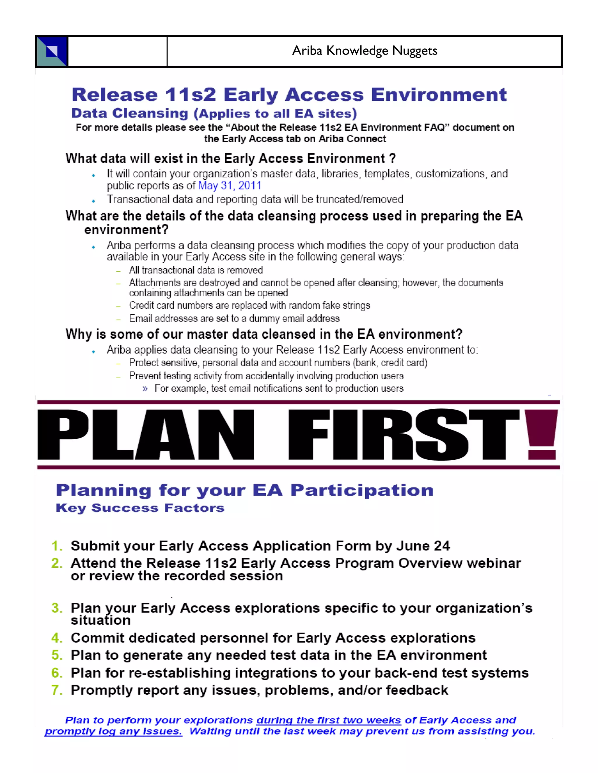 Ariba Knowledge Nuggets - 11s2 Early Access Information | PDF