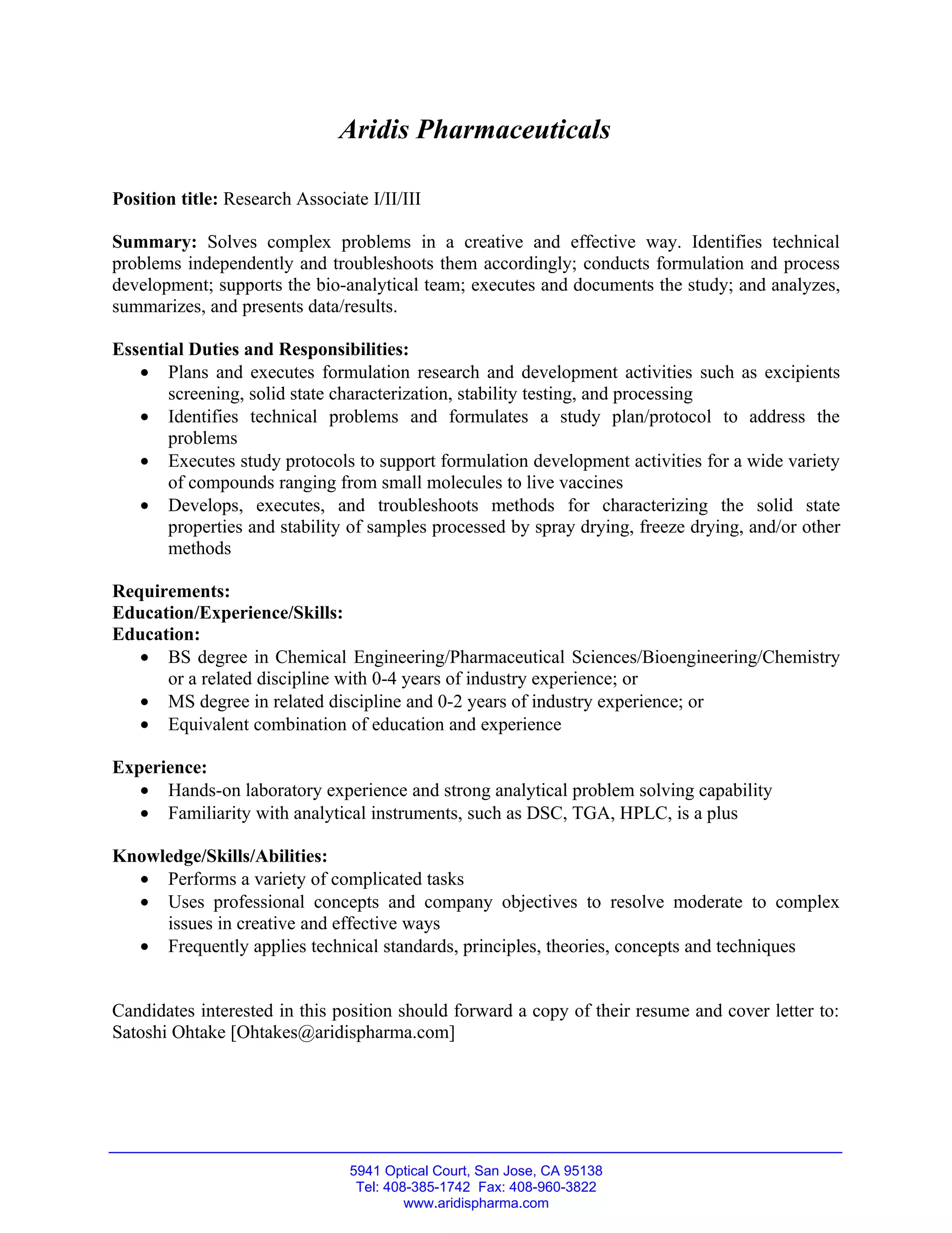 Aridis Pharmaceuticals Open Positions May2011 | PDF