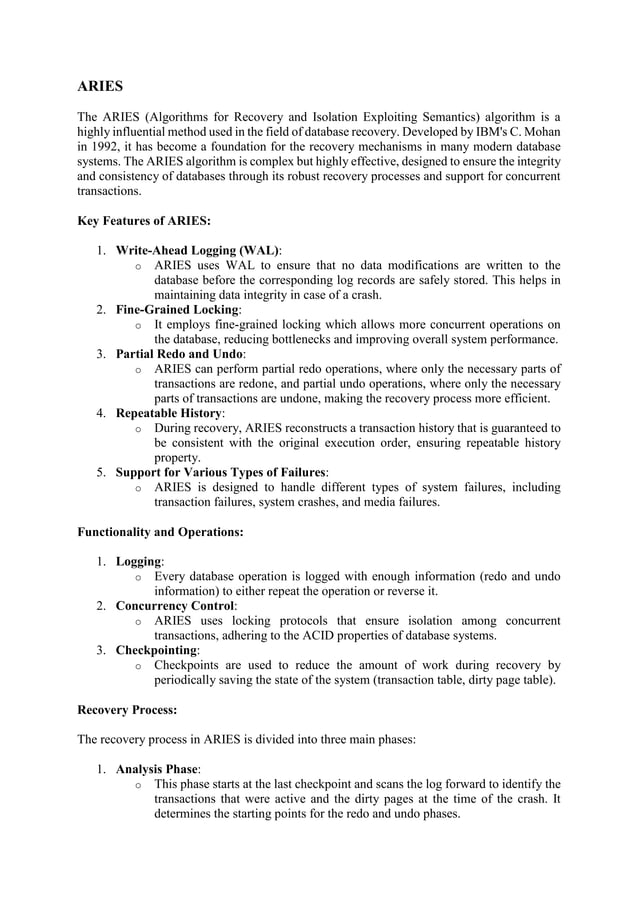 Algorithm for Recovery and Isolation Exploiting Semantics (ARIES) | DOCX