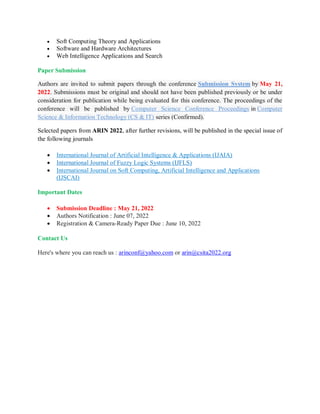 Call for Paper - 8th International Conference on Artificial Intelligence (ARIN 2022) | PDF