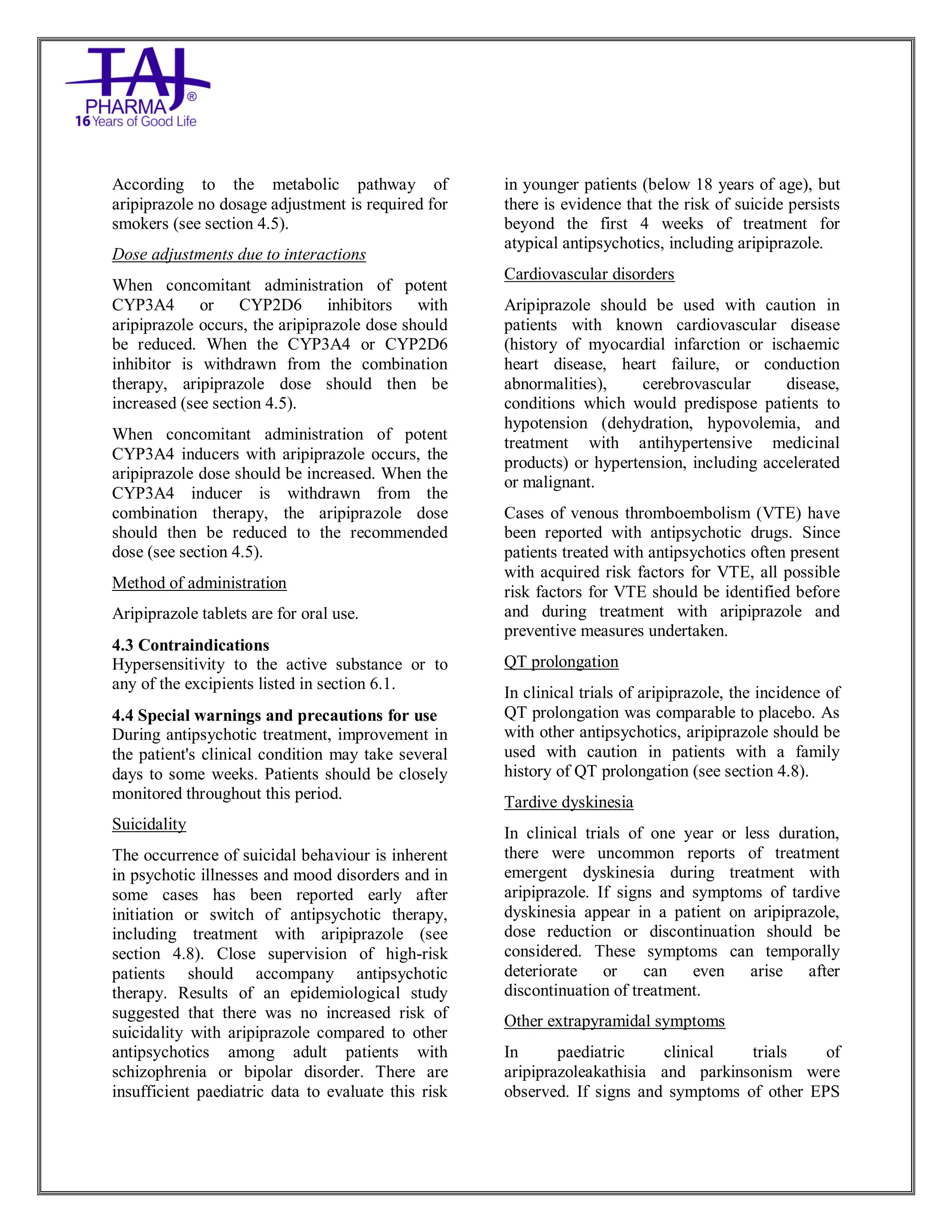 Aripiperazole Tablets SmPC Taj Pharmaceuticals | PDF