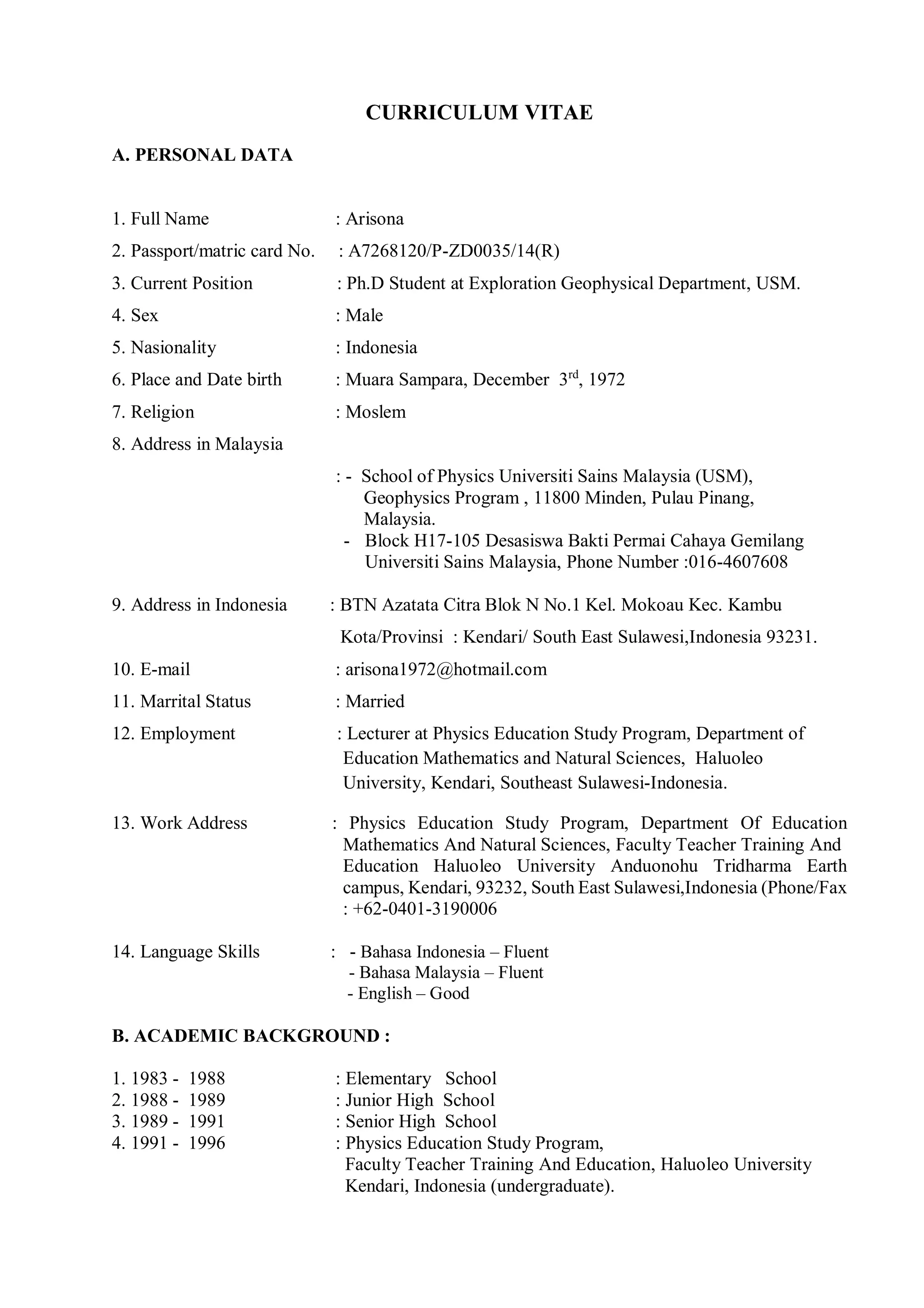 Arisona curriculum vitae ,kendari indonesia | PDF