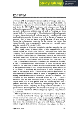 Aristotle, Naturalist. Invited Review Essay of James Lennox, Aristotle ...