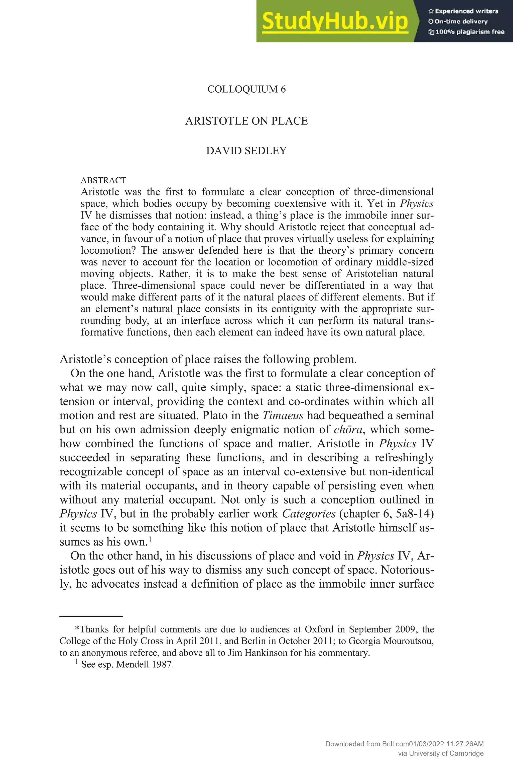 Aristotle On Place | PDF
