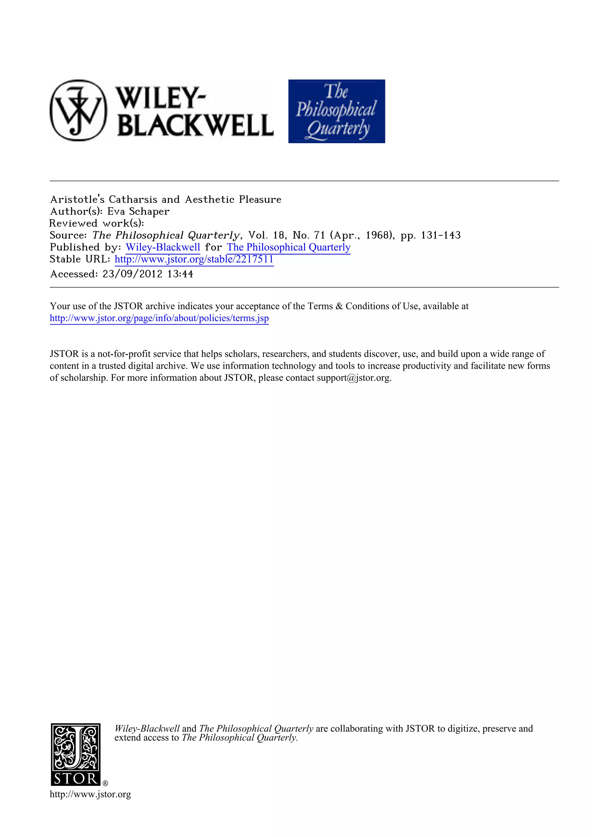 Aristotles catharsis and aesthetic pleasure, by eva shaper | PDF