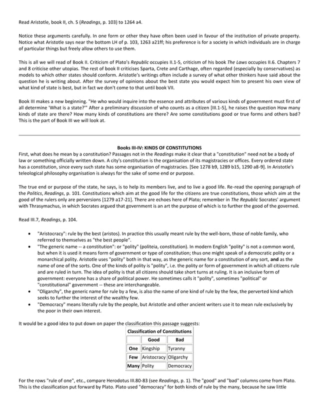 Aristotle's Politics (Summary) | PDF