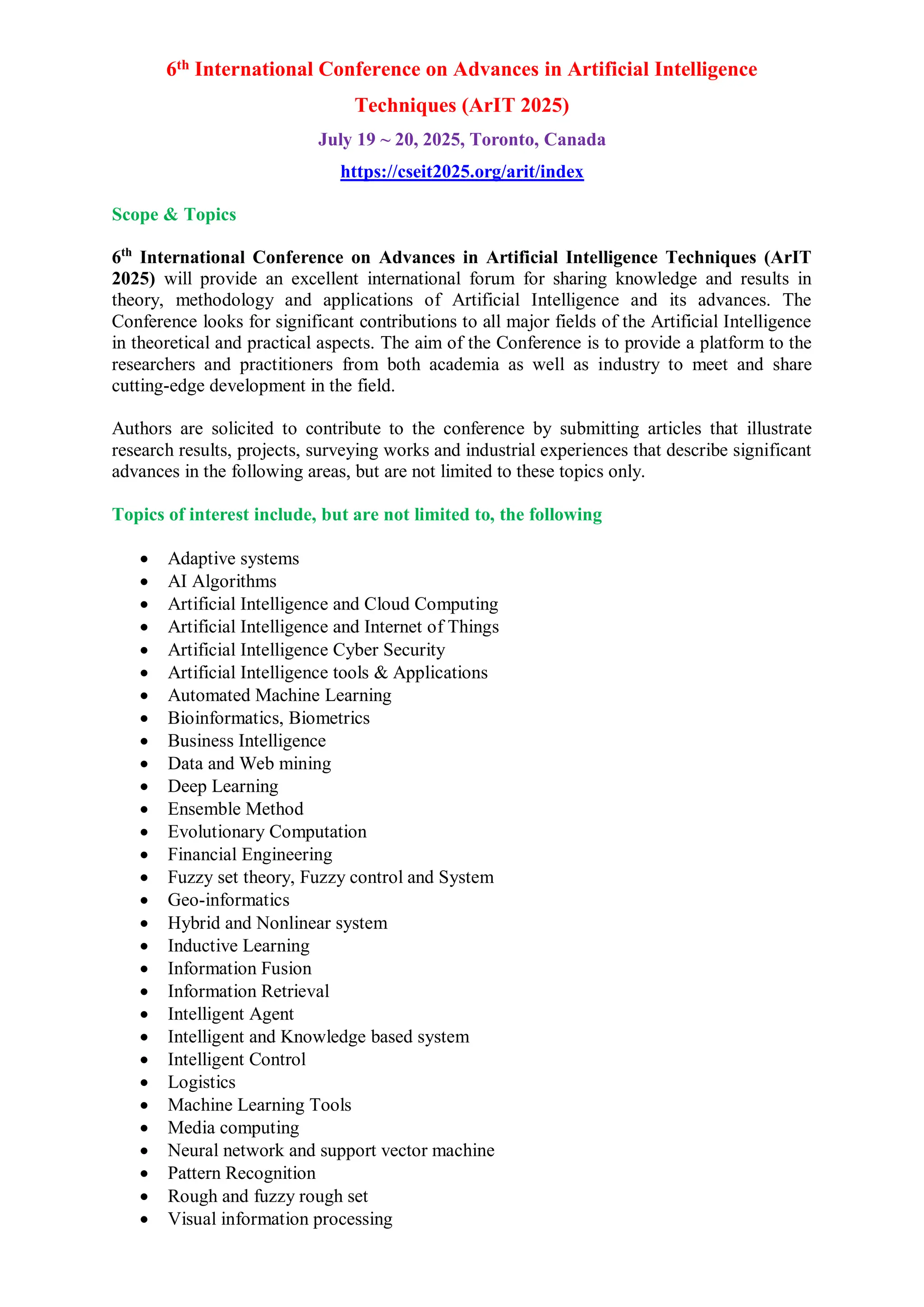 6th International Conference on Advances in Artificial Intelligence Techniques (ArIT 2025) | PDF