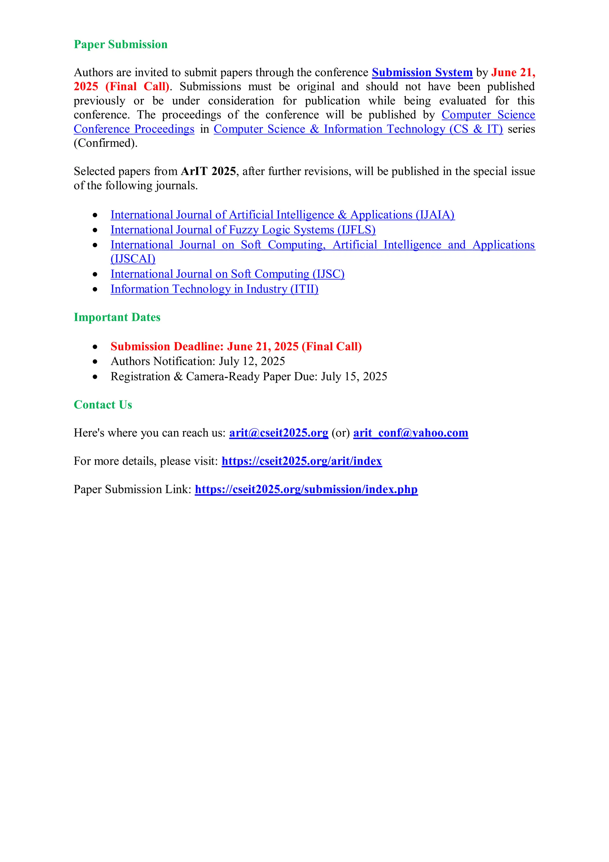 6th International Conference on Advances in Artificial Intelligence Techniques (ArIT 2025) | PDF