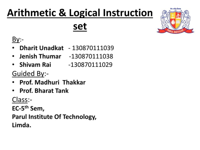 Arithmetic & logical instruction set | PPTX | Computing | Technology & Computing