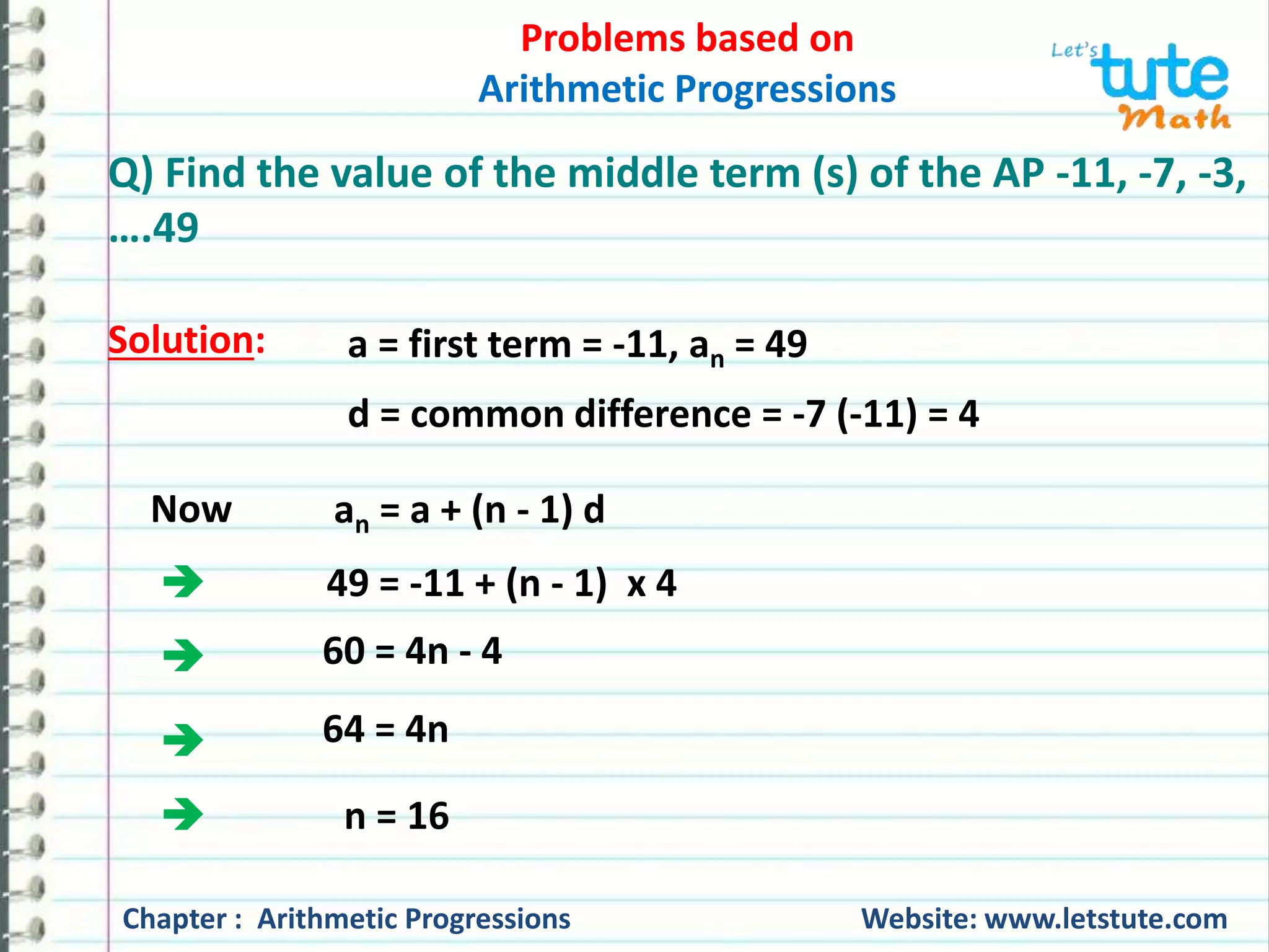 Arithmetic progressions - Poblem based Arithmetic progressions | PPTX | Homework and Study ...