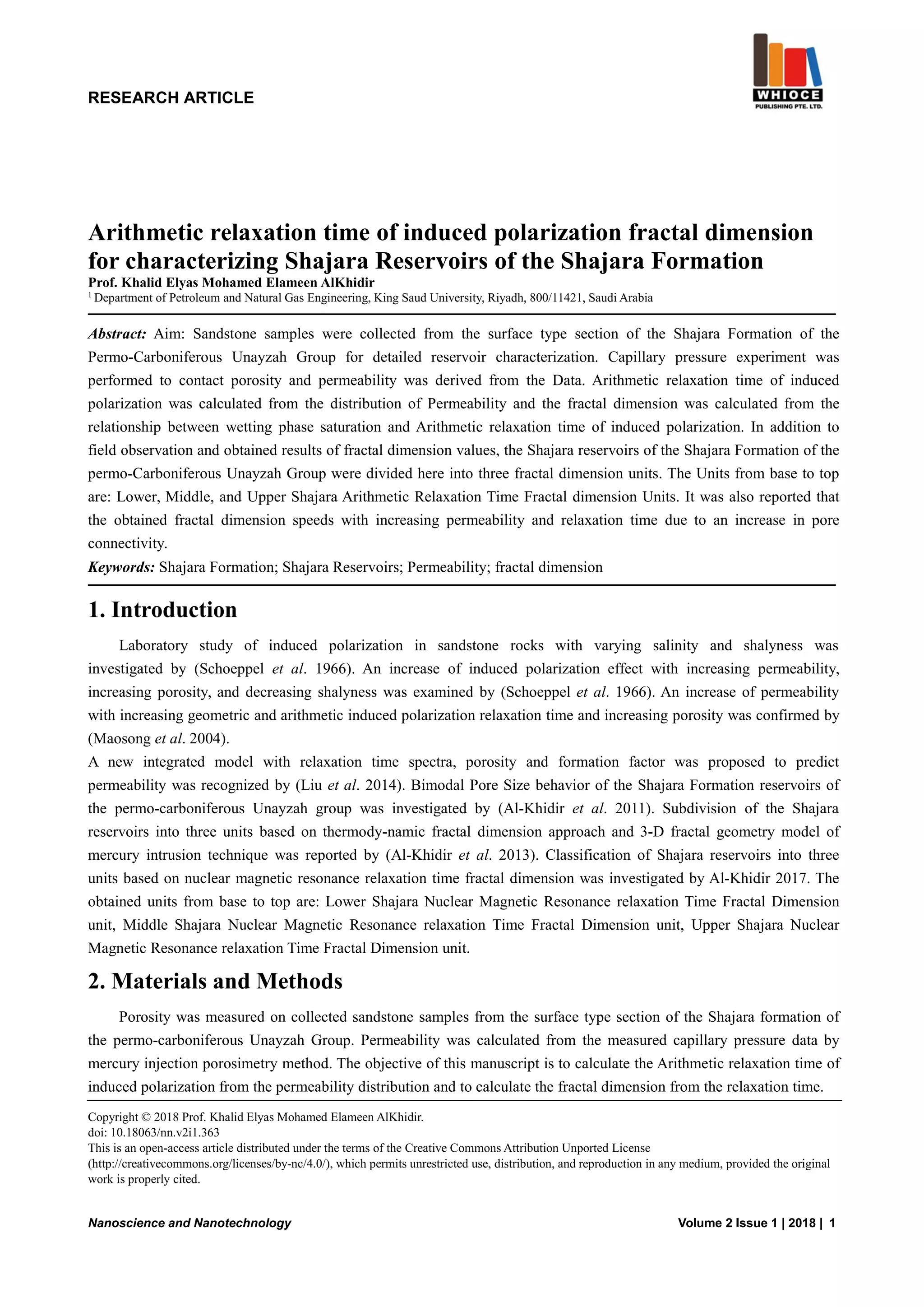 Arithmetic Relaxation Time Of Induced Polarization Fractal Dimension Pdf