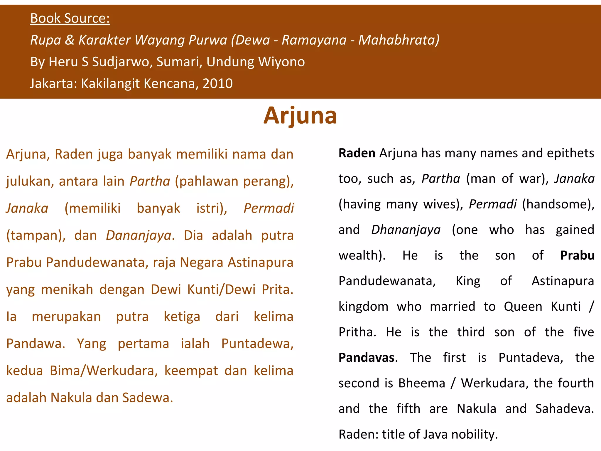 Arjuna's character indonesian to english translation | PPT