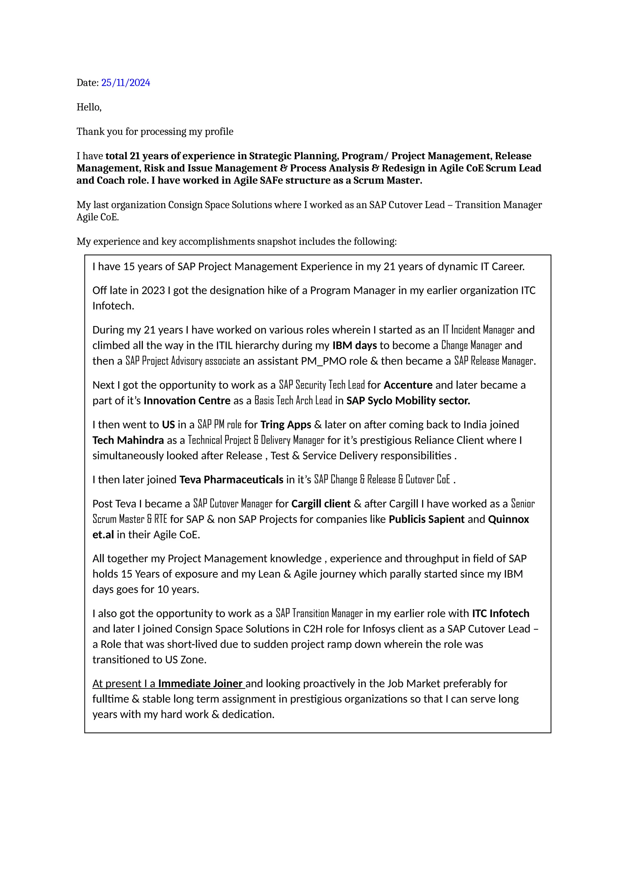 Cover Letter of Arjun Biswas Highlighting his Experience & Profile | PDF