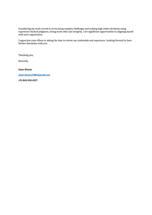 Cover Letter of Arjun Biswas Highlighting his Experience & Profile | PDF