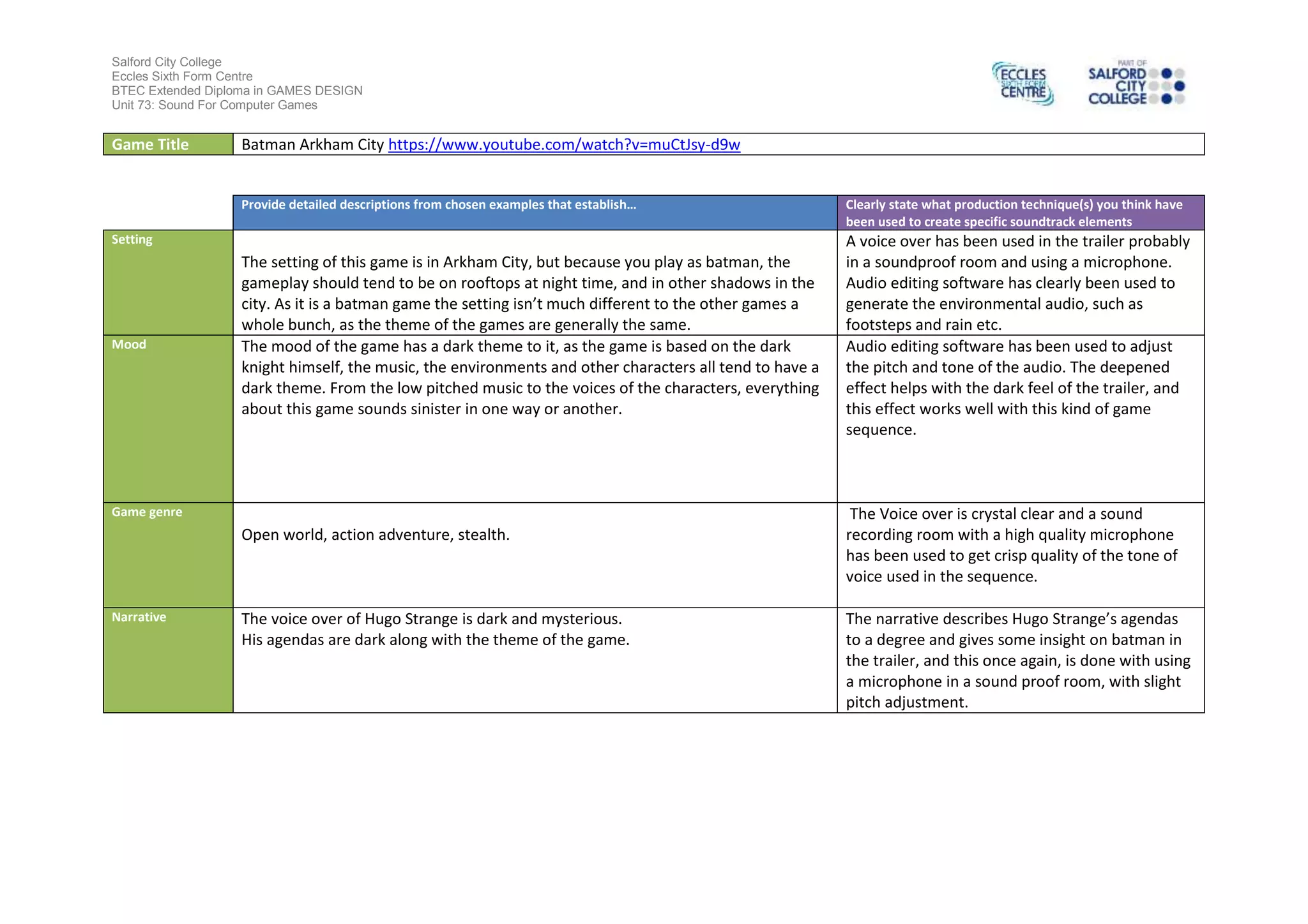 Arkham city analysis | DOCX
