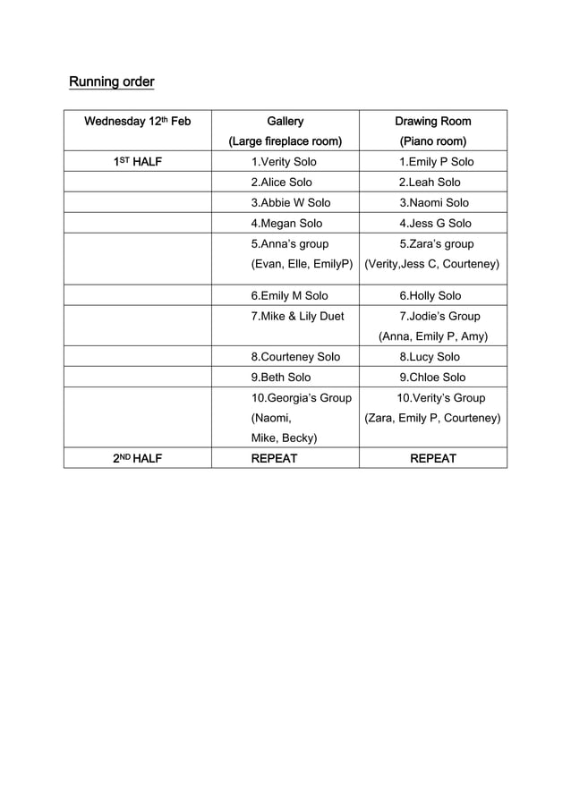 Arley hall dance event running order | DOCX