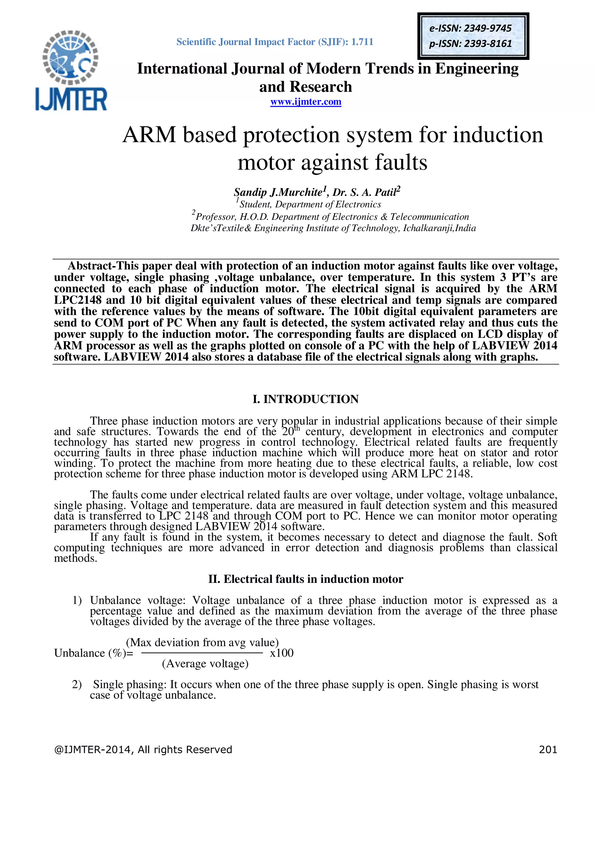 ARM based protection system for induction motor against faults | PDF
