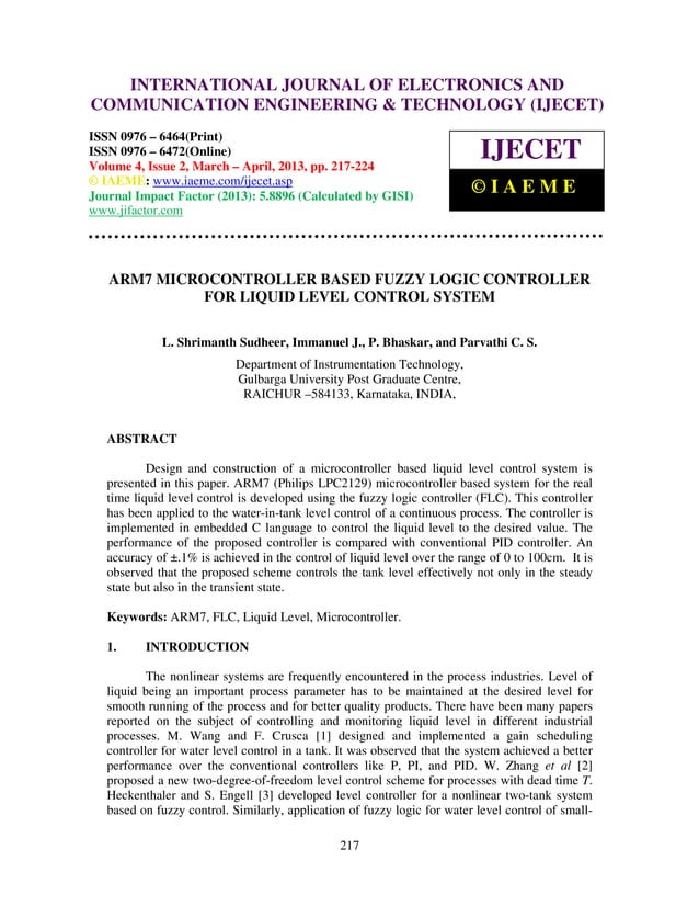 Arm7 microcontroller based fuzzy logic controller for liquid level control system | PDF