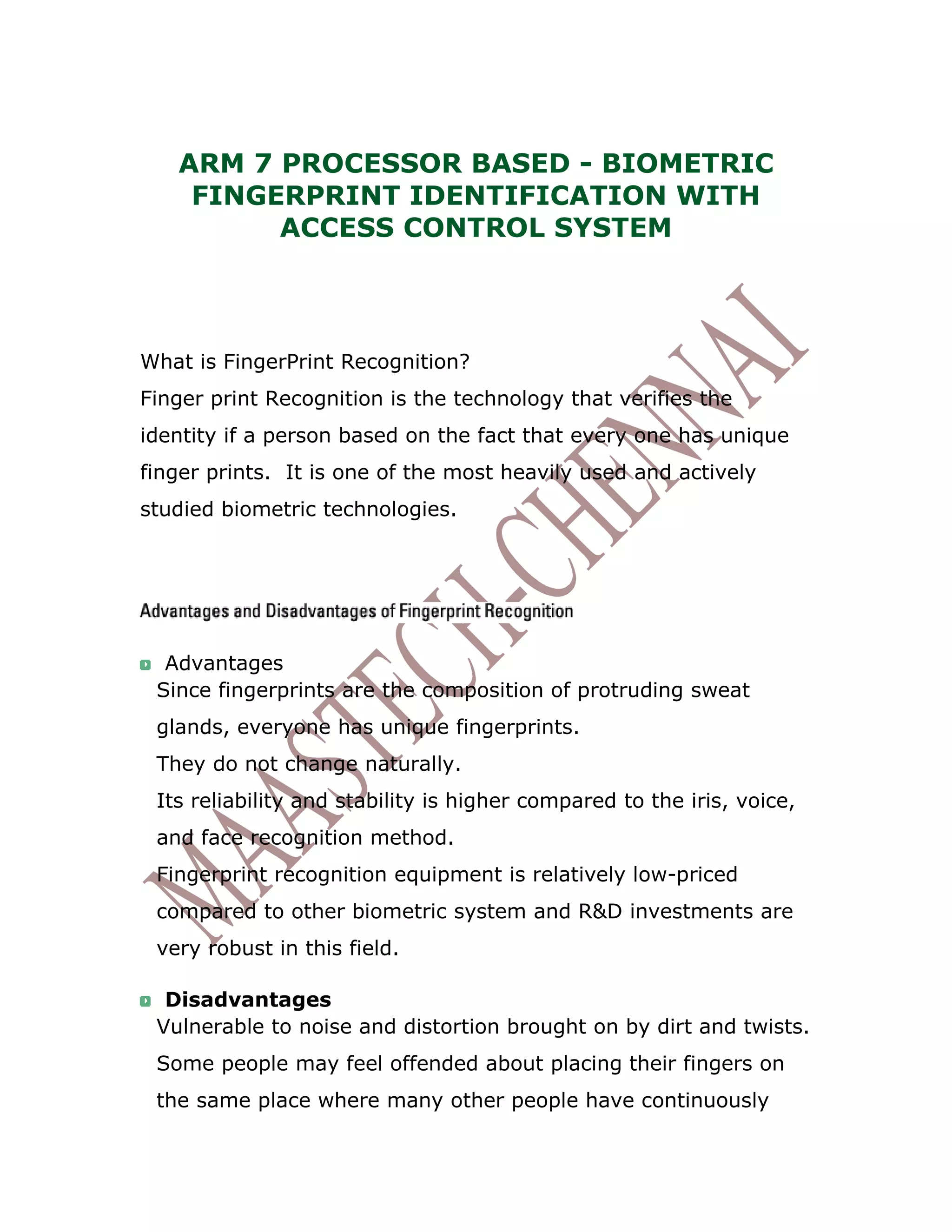 ARM 7 FINGER PRINT PROJECTS ABSTRACT- biometric fingerprint identification with access control ...